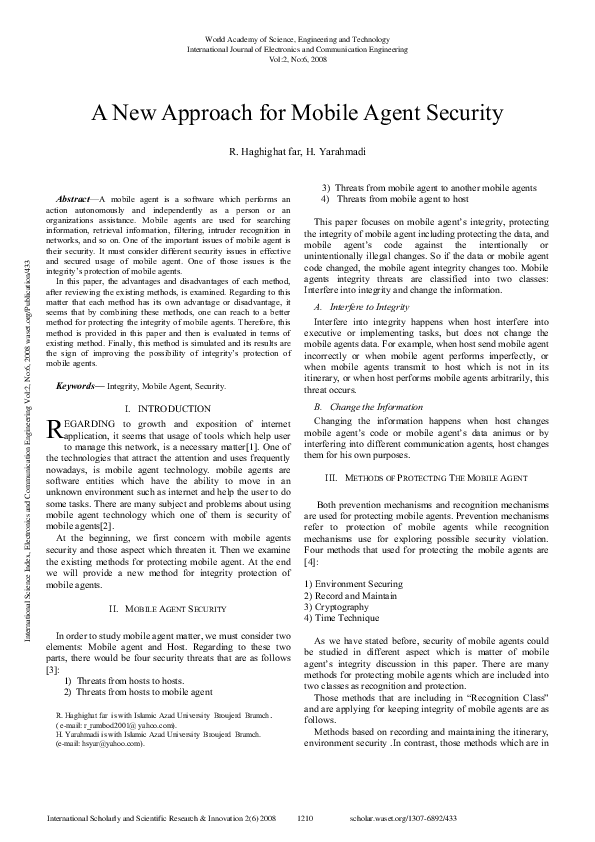(PDF) A New Approach For Mobile Agent Security