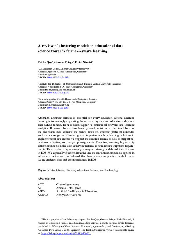 (PDF) A review of clustering models in educational data science towards fairness-aware learning