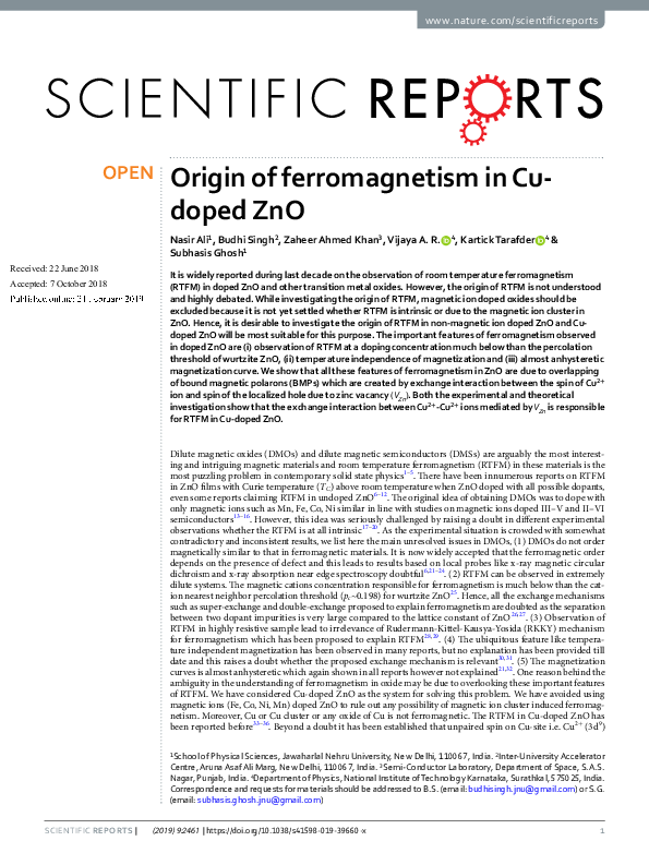 (PDF) Origin of ferromagnetism in Cu-doped ZnO