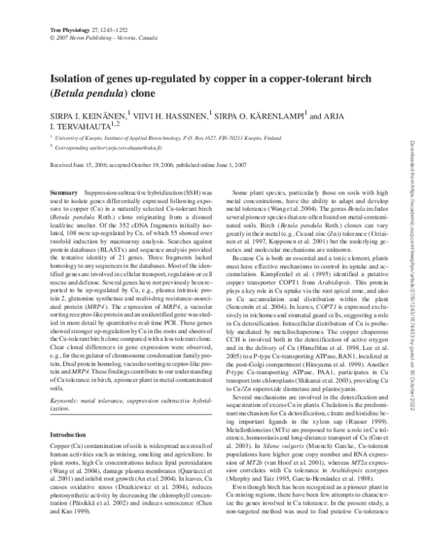 (PDF) Isolation of genes up-regulated by copper in a copper-tolerant ...