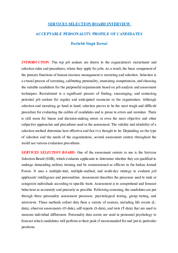 (DOC) SERVICES SELECTION BOARD INTERVIEW ACCEPTABLE PERSONALITY PROFILE ...