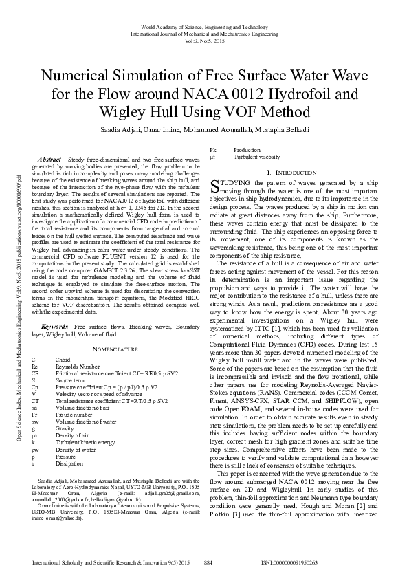 (PDF) Numerical Simulation of Free Surface Water Wave for the Flow around NACA 0012 Hydrofoil ...