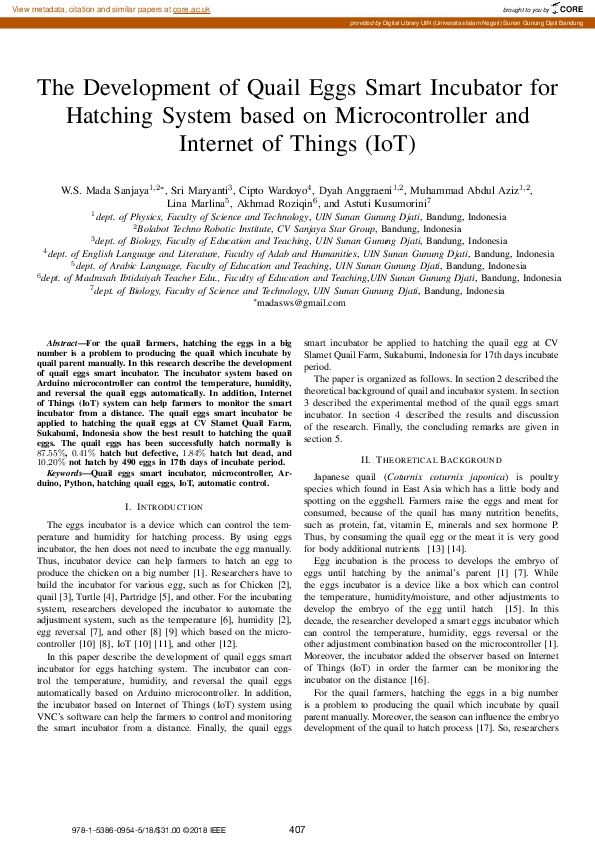 (PDF) The development of quail eggs smart incubator for hatching system based on microcontroller ...