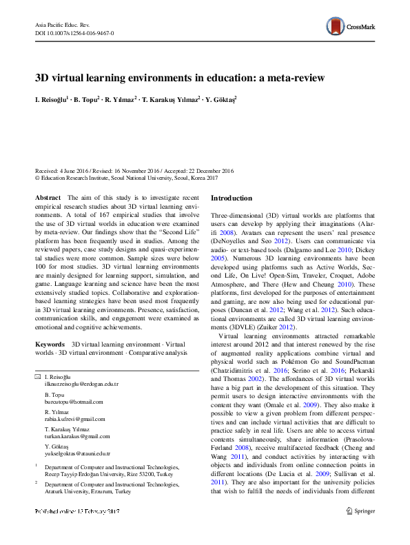 (PDF) 3D virtual learning environments in education: a meta-review