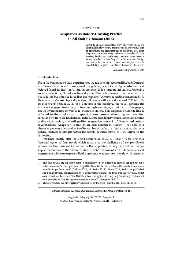(PDF) Adaptation as Border-Crossing Practice in Ali Smith's Autumn (2016)