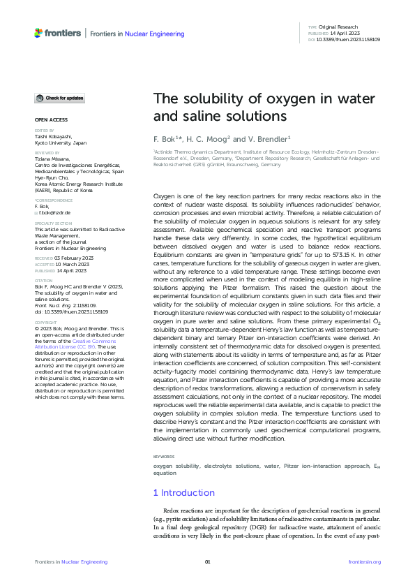 (PDF) The solubility of oxygen in water and saline solutions