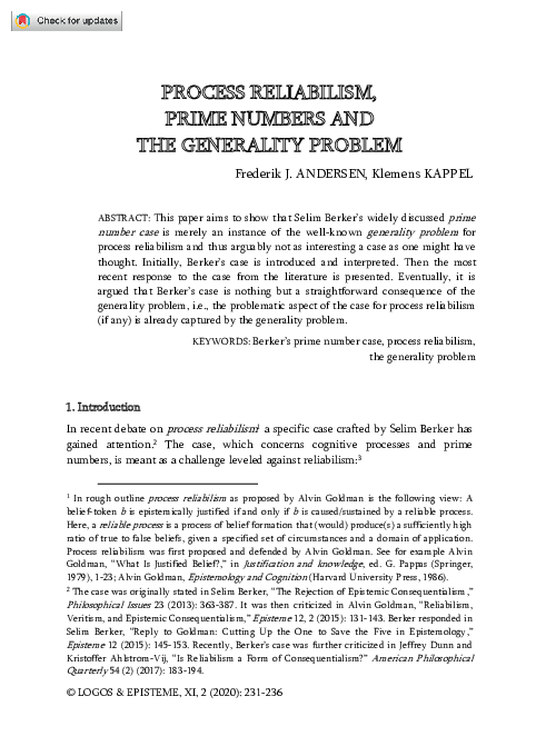 (PDF) Process Reliabilism, Prime Numbers and the Generality Problem
