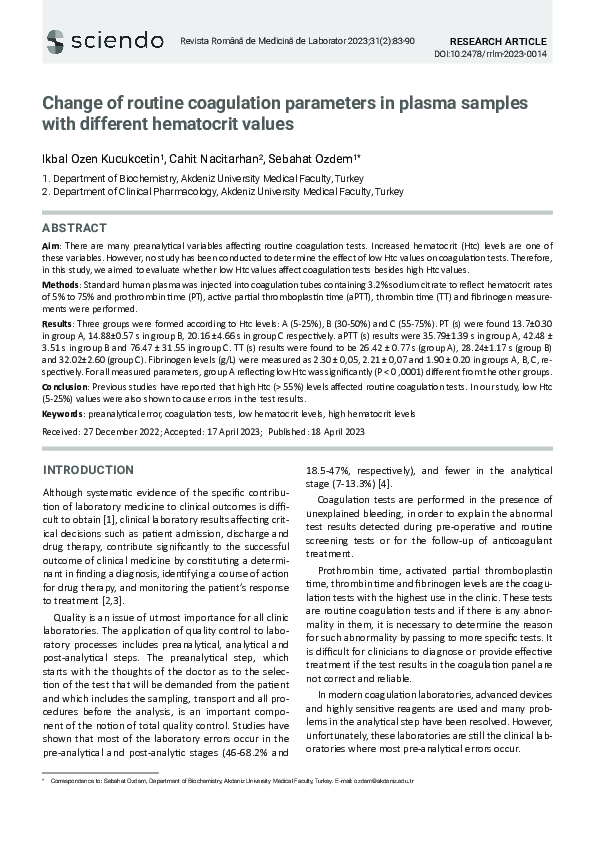 (PDF) Change of routine coagulation parameters in plasma samples with different hematocrit values