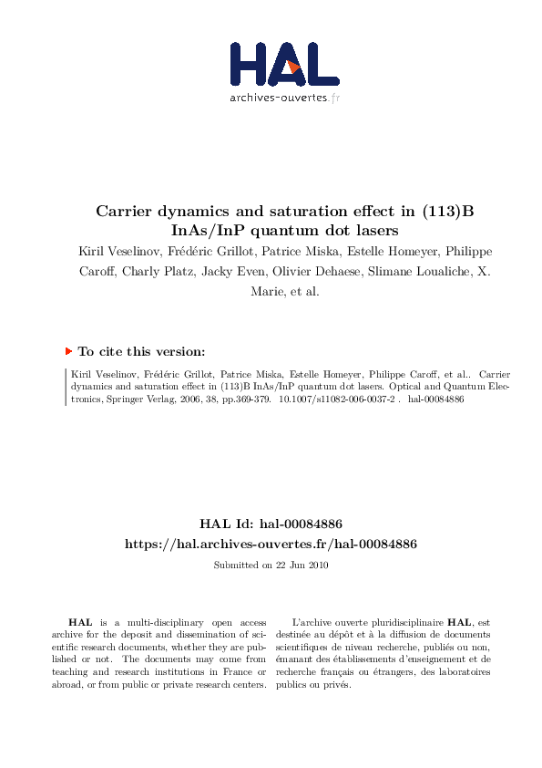 (PDF) Carrier dynamics and saturation effect in (311) B InAs/InP quantum dot lasers | Kiril ...