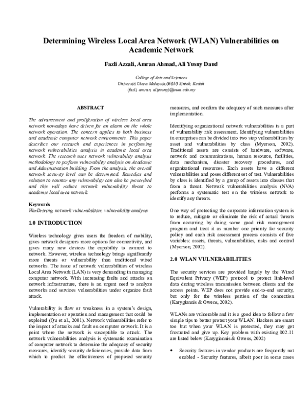 (PDF) Determining wireless local area network (WLAN) vulnerabilities on academic network