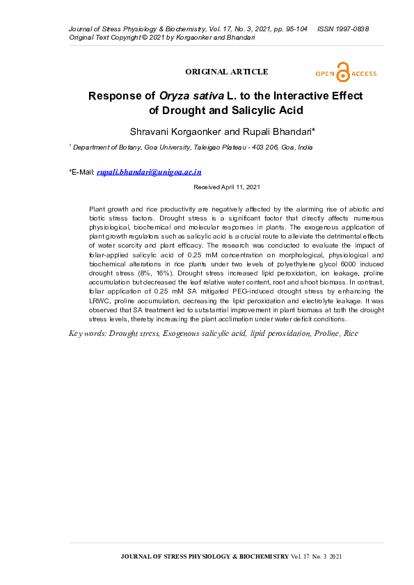 (PDF) Response of Oryza sativa L. to the Interactive Effect of Drought and Salicylic Acid