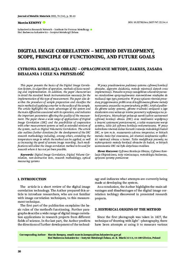 (PDF) Digital Image Correlation – Method Development, Scope, Principle of Functioning, and ...
