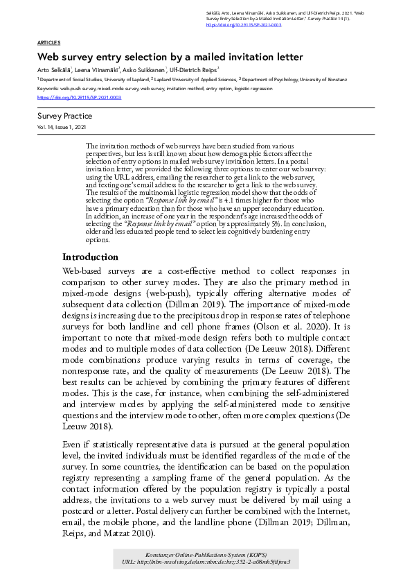(PDF) Web survey entry selection by a mailed invitation letter