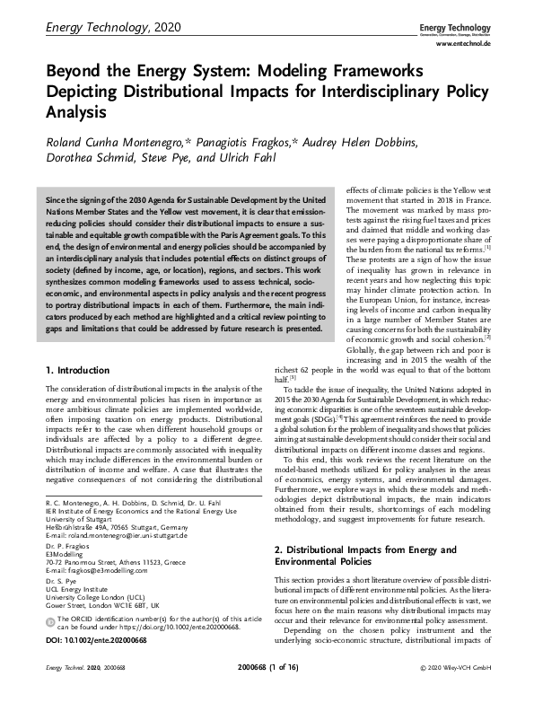 (PDF) Beyond the Energy System: Modeling Frameworks Depicting Distributional Impacts for ...