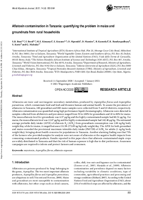 Pdf Aflatoxin Contamination In Tanzania Quantifying The Problem In