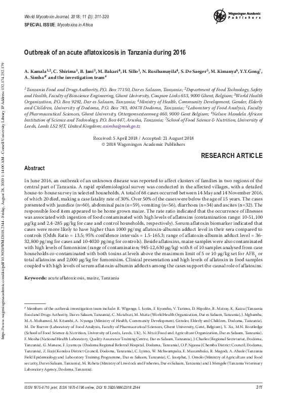 (PDF) Outbreak of an acute aflatoxicosis in Tanzania during 2016