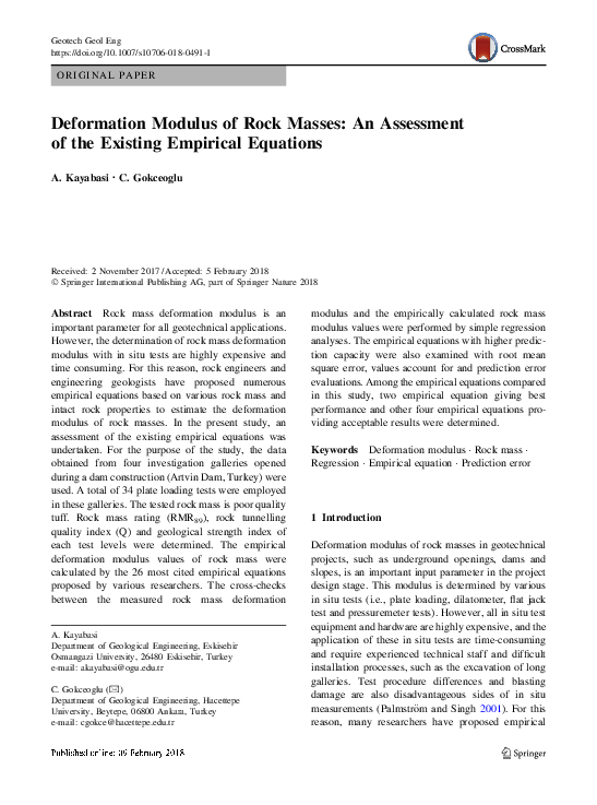 (PDF) Deformation Modulus of Rock Masses: An Assessment of the Existing Empirical Equations
