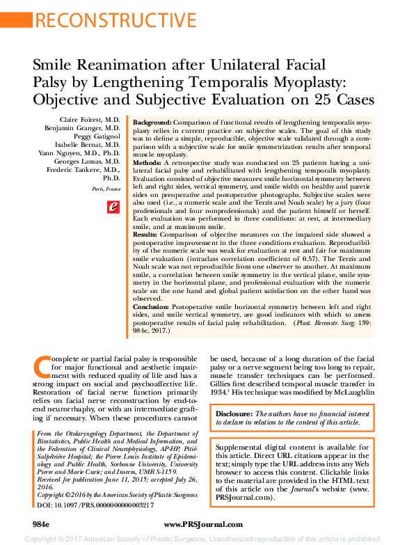 (PDF) Smile reanimation after Unilateral Facial Palsy by Lengthening ...