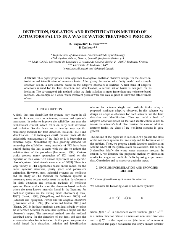 (PDF) Fast Fault Detection in Wastewater Actuators
