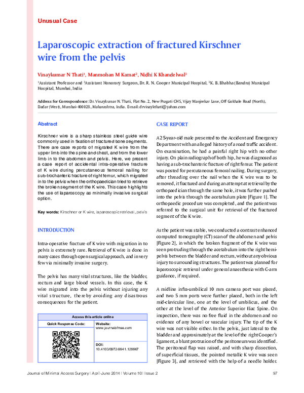 (PDF) Laparoscopic extraction of fractured Kirschner wire from the pelvis