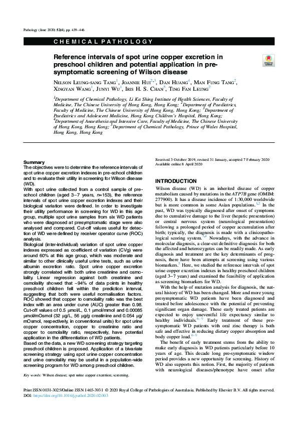 (PDF) Reference intervals of spot urine copper excretion in preschool ...