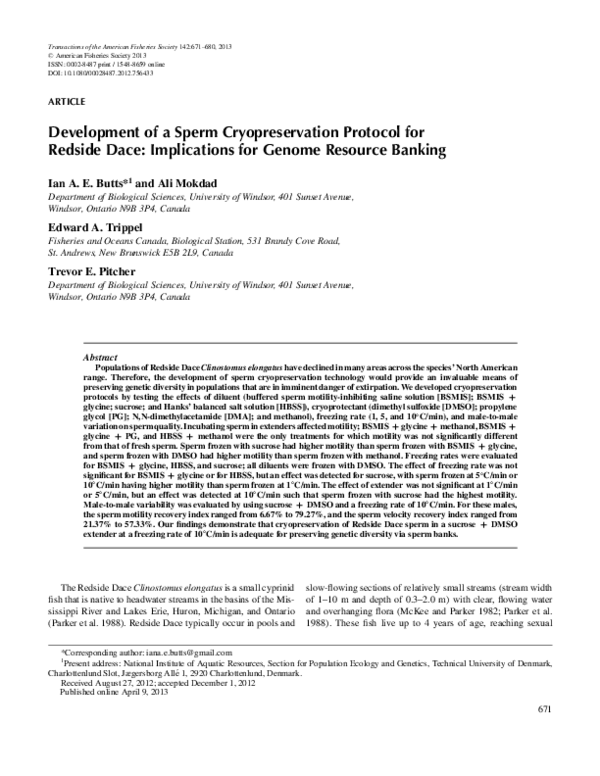 (PDF) Development of a Sperm Cryopreservation Protocol for Redside Dace ...