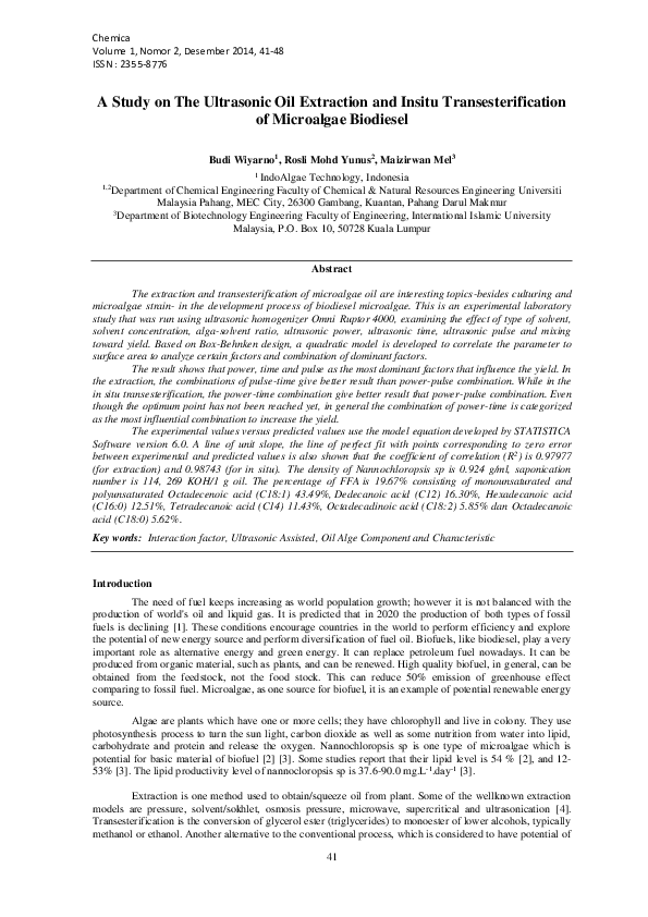 (PDF) A Study on The Ultrasonic Oil Extraction and Insitu Transesterification of Microalgae ...