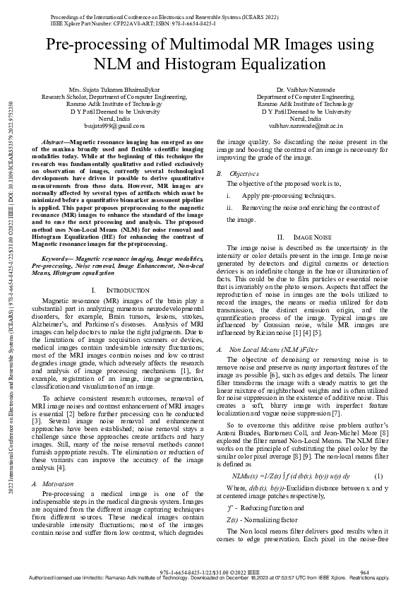 (PDF) Pre-processing of Multimodal MR Images using NLM and Histogram Equalization
