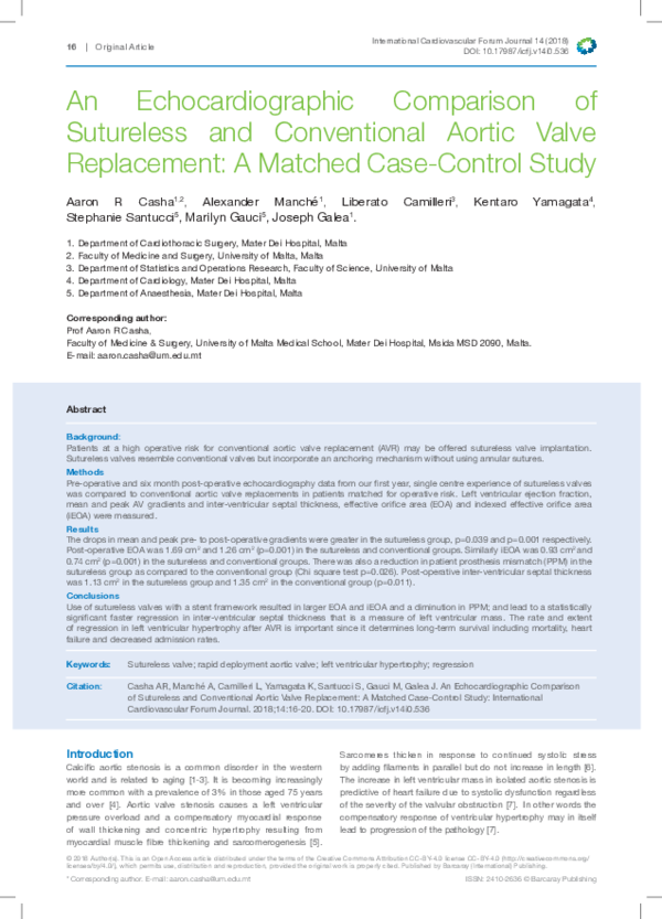 (PDF) An Echocardiographic Comparison of Sutureless and Conventional Aortic Valve Replacement: a ...