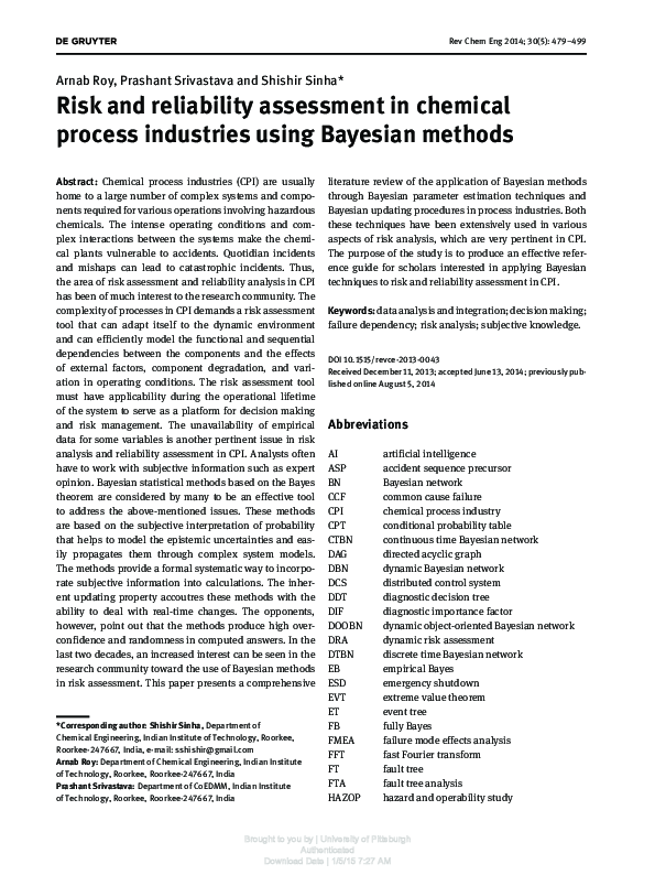 (PDF) Risk and reliability assessment in chemical process industries using Bayesian methods