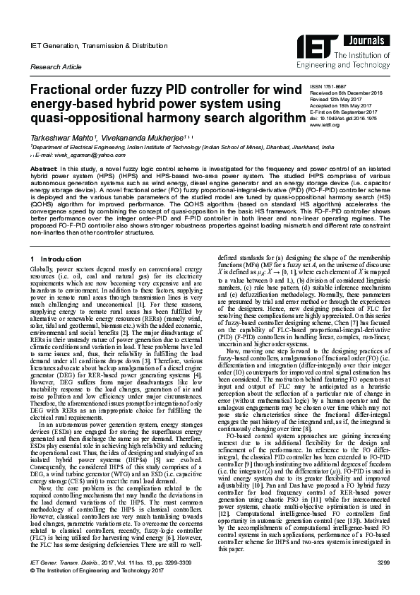 (PDF) Fractional order fuzzy PID controller for wind energy‐based hybrid power system using ...