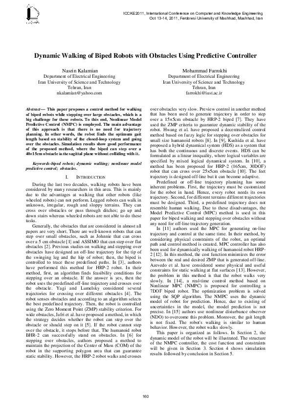 Pdf Dynamic Walking Of Biped Robots With Obstacles Using Predictive Controller