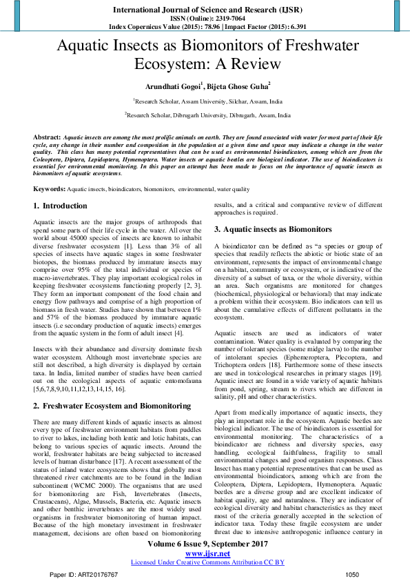 (PDF) Aquatic Insects as Biomonitors of Freshwater Ecosystem: A Review
