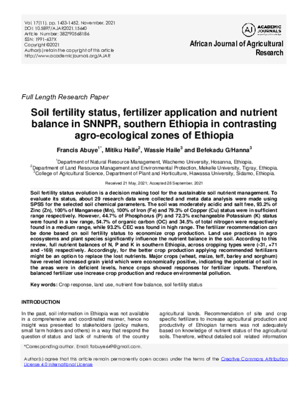 (PDF) Soil fertility status, fertilizer application and nutrient balance in SNNPR, southern ...