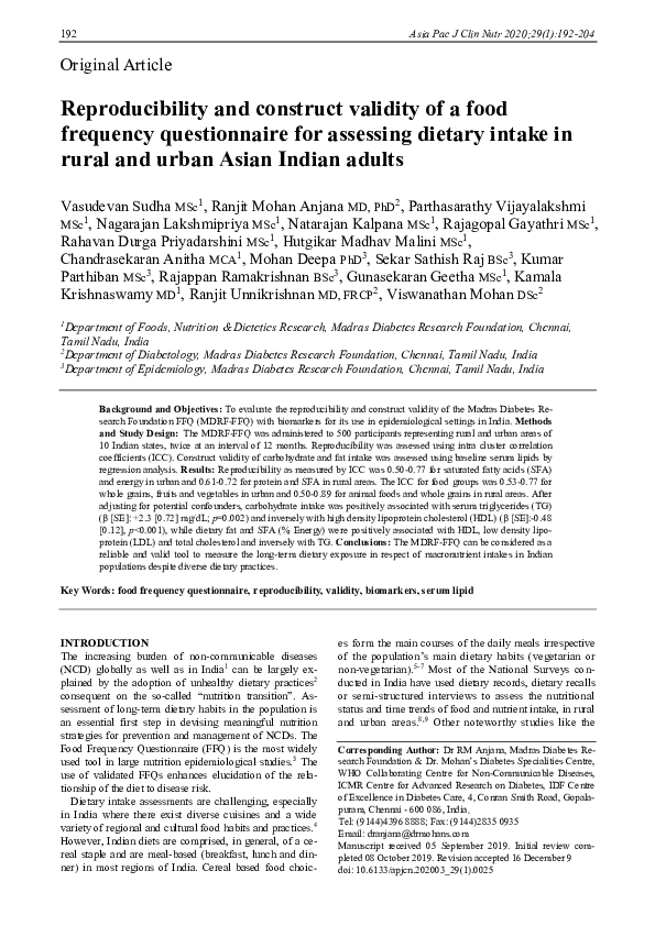 (PDF) Reproducibility and construct validity of a food frequency ...