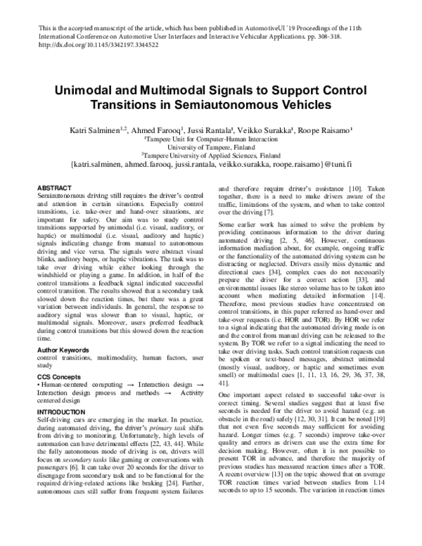(PDF) Unimodal and Multimodal Signals to Support Control Transitions in ...