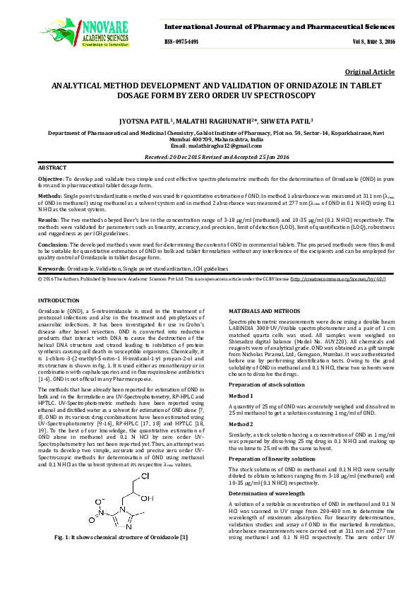 (PDF) ANALYTICAL METHOD DEVELOPMENT AND VALIDATION OF ORNIDAZOLE IN TABLET DOSAGE FORM BY ZERO ...