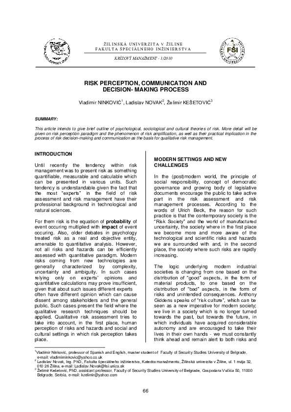 (PDF) Risk Perception, Communication and Decision-Making Process