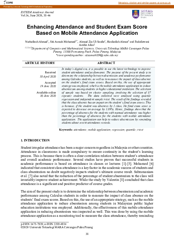 (PDF) Enhancing attendance and student exam score based on mobile ...