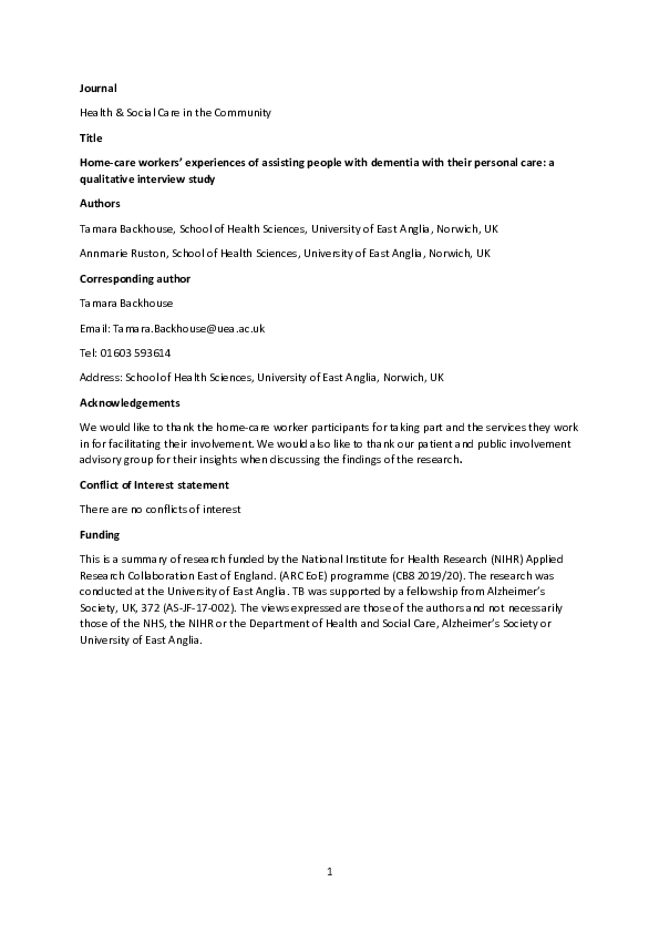 (PDF) Home‐care workers' experiences of assisting people with dementia ...