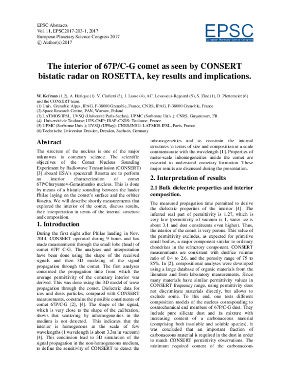 (PDF) Interior of 67P/C-G comet as seen by CONSERT bistatic radar on ...