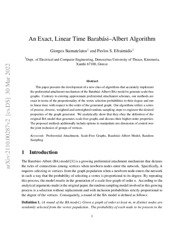 (PDF) An Exact, Linear Time Barab\'asi-Albert Algorithm | Pavlos ... (PDF) An Exact, Linear Time Barab\'asi-Albert Algorithm | Pavlos ...