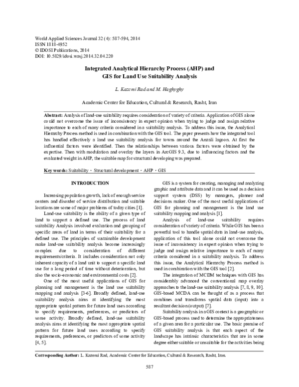 (PDF) Integrated Analytical Hierarchy Process (AHP) and GIS for Land use Suitability Analysis