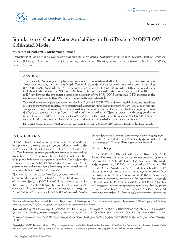 (PDF) Canal Water Availability Simulation in Bari Doab