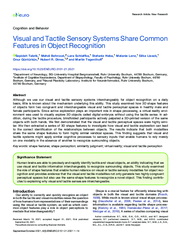 (PDF) Visual and Tactile Sensory Systems Share Common Features in Object Recognition