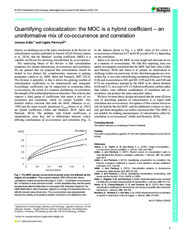 (PDF) Quantifying colocalization: the MOC is a hybrid coefficient – an uninformative mix of co ...