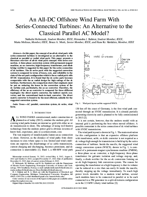 Pdf An All Dc Offshore Wind Farm With Series Connected Turbines An Alternative To The