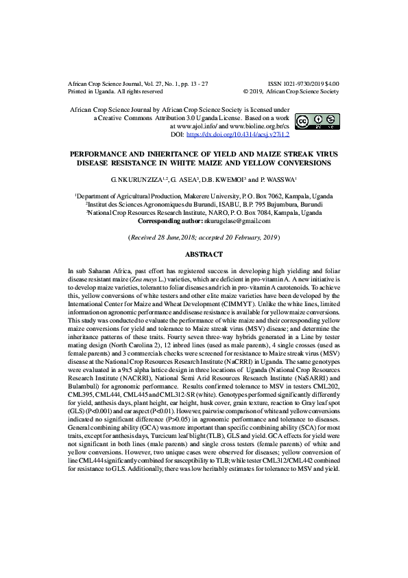 Pdf Performance And Inheritance Of Yield And Maize Streak Virus