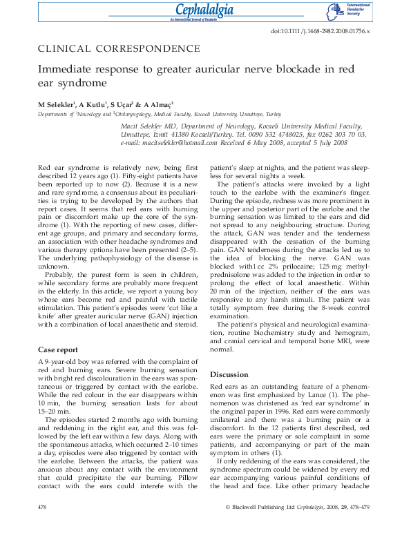 (PDF) Immediate Response to Greater Auricular Nerve Blockade in Red Ear ...