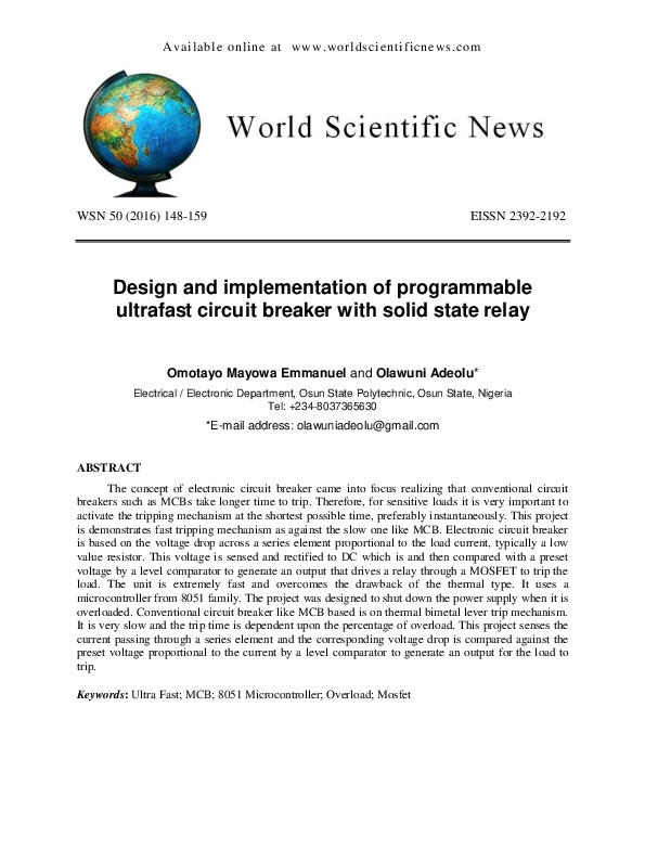 Pdf Design And Implementation Of Programmable Ultrafast Circuit Breaker With Solid State Relay